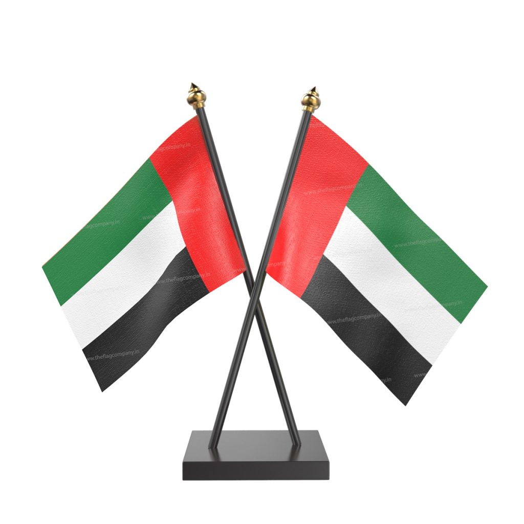 UAE Cross Table Flag With Black Acrylic Base And Gold Top - Seher Flags