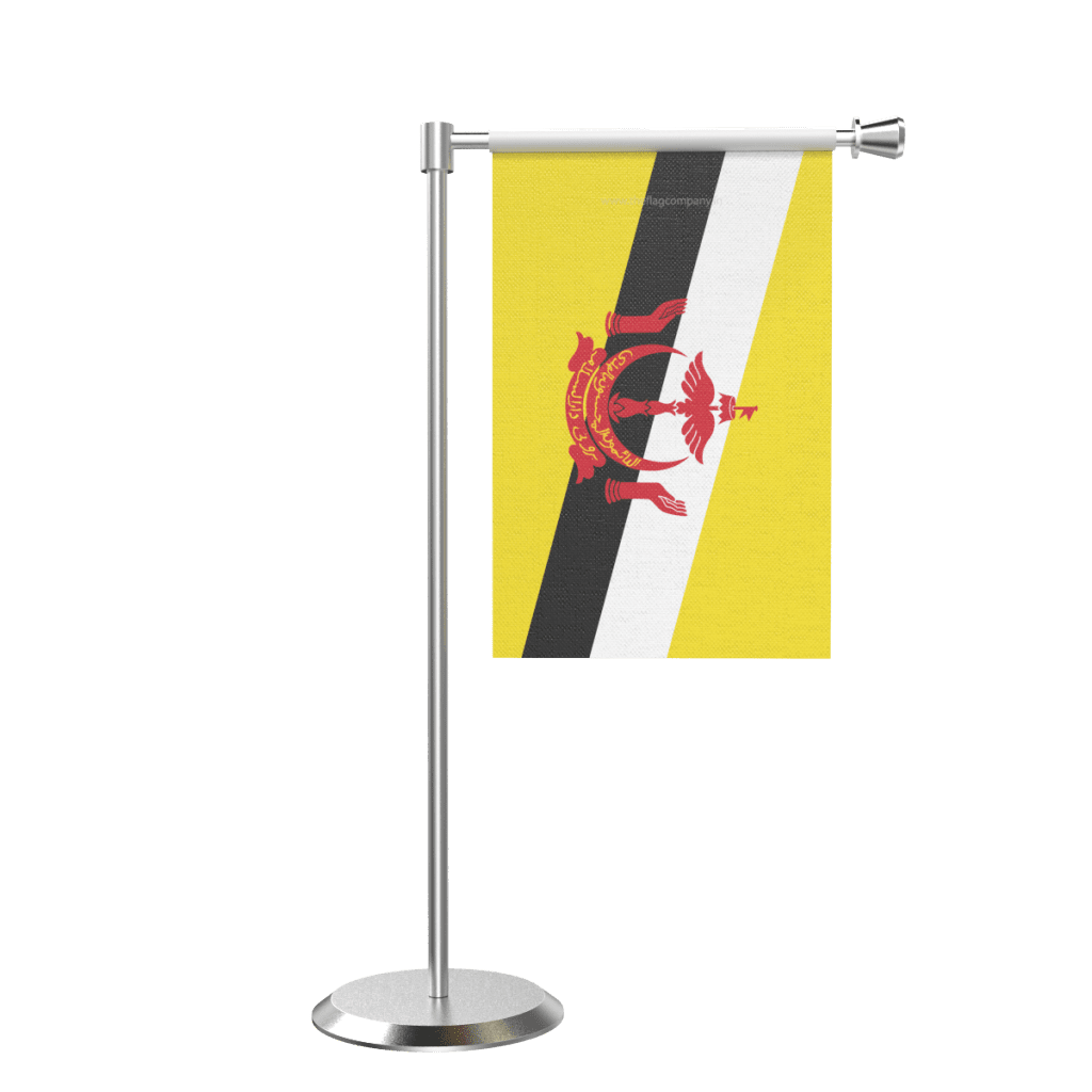 Brunei Darussalam L Shape Single Table Flag With Stainless Steel Base And Pole - Seher Flags